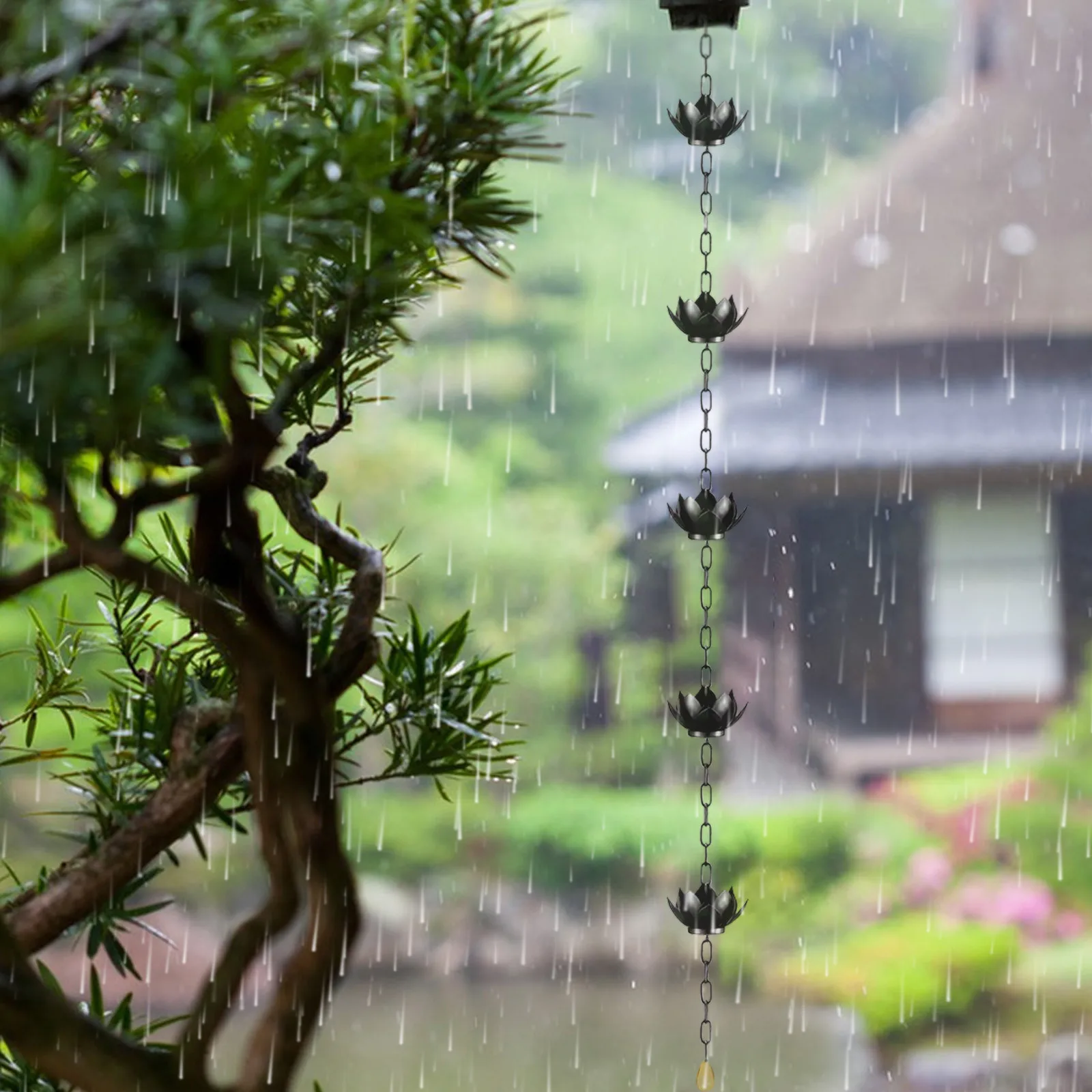 Adjustable-Black-Pow-Elegant-Lotus-Rain-Chain-For-Outdoor-Gutters ...