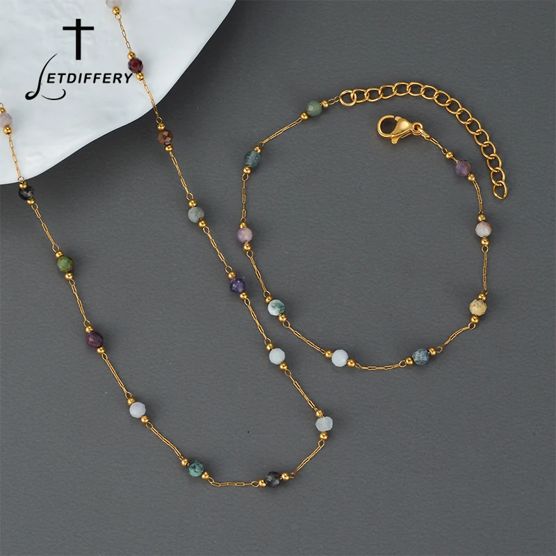 Fashion Colorful Natural Stone Beaded Necklace Set for Women Stainless ...