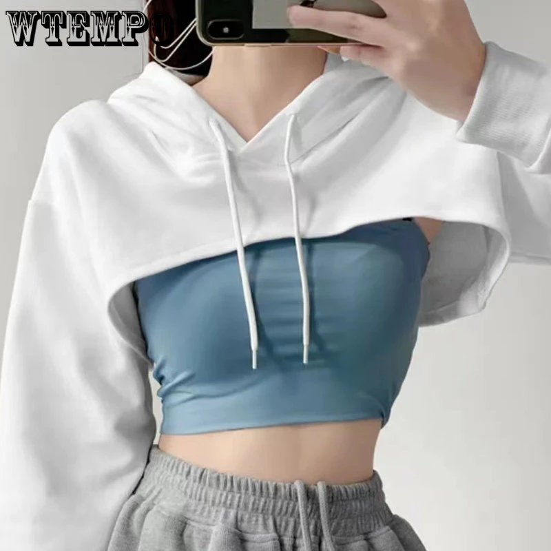 Sudaderas cortas con capucha para mujer, ropa de calle informal de manga larga, Tops con capucha ...