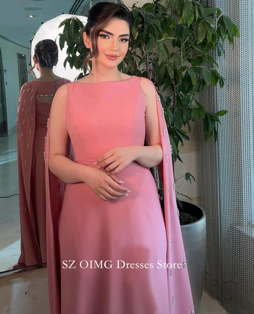 OIMG-Dubai-Pink-Crepe-Satin-Crystals-Prom-Dresses-With-Cape-Sleeveless ...