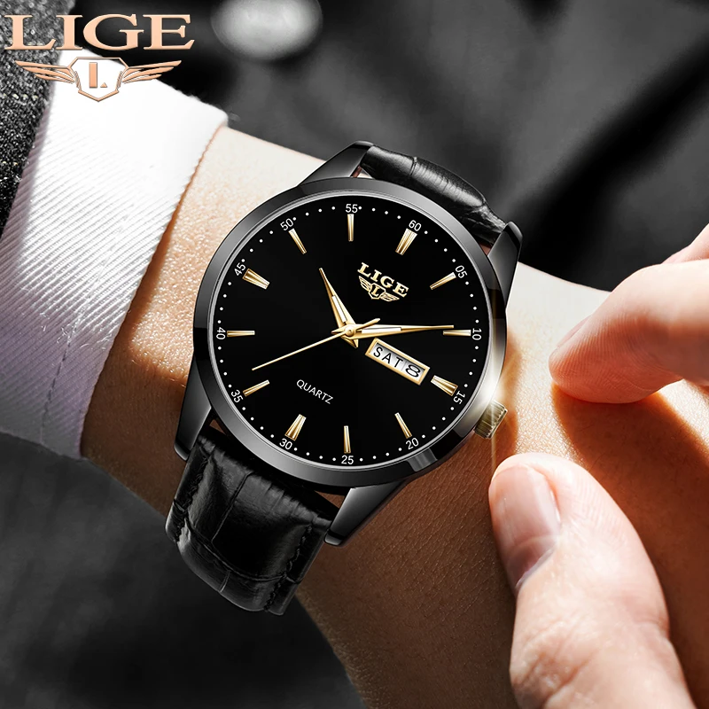 LIGE Fashion Luxury Quartz Men Watch Business Leather Band Auto Date ...