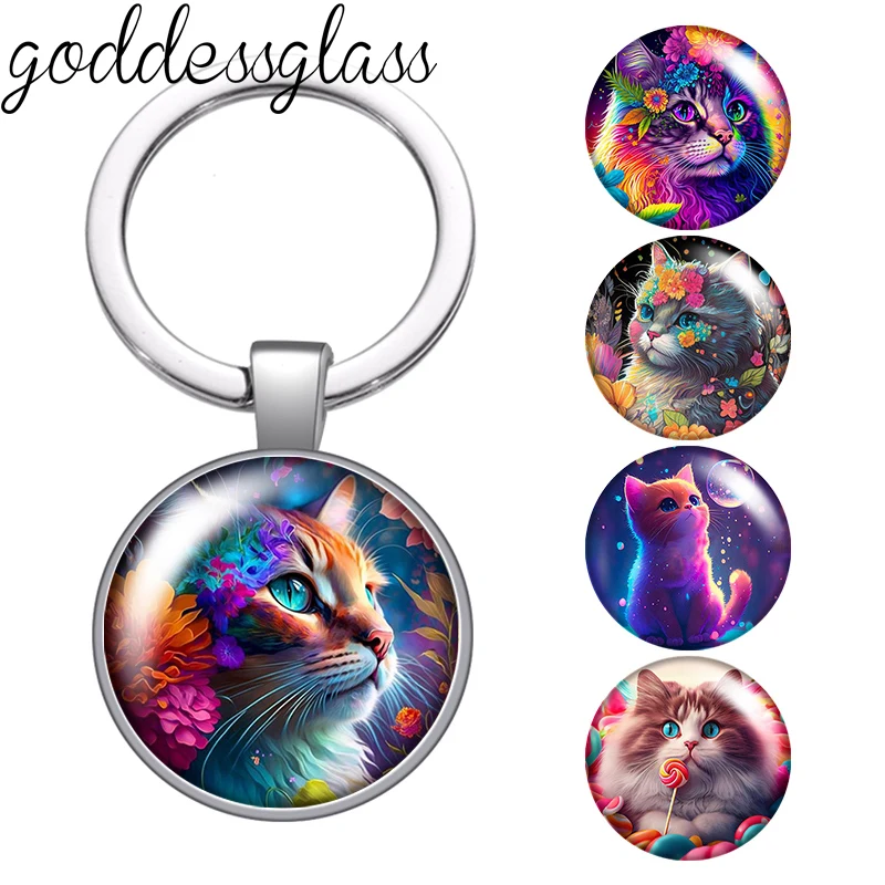 New Cute Cat Lovely cartoon cat 25mm glass cabochon keychain Bag Car ...