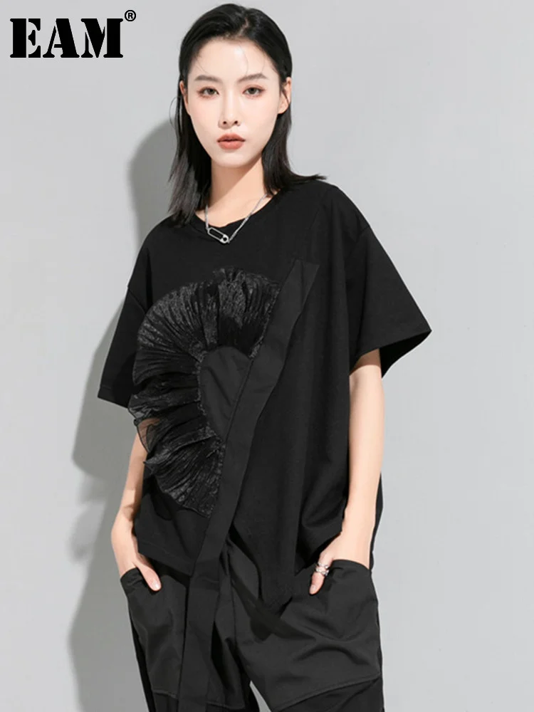 EAM-Women-Black-Organza-Flower-Irregular-Big-Size-T-shirt-New-Round ...