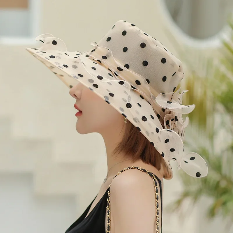 Sombrero-elegante-de-gasa-con-lunares-para-mujer-sombreros-de-cubo-de ...