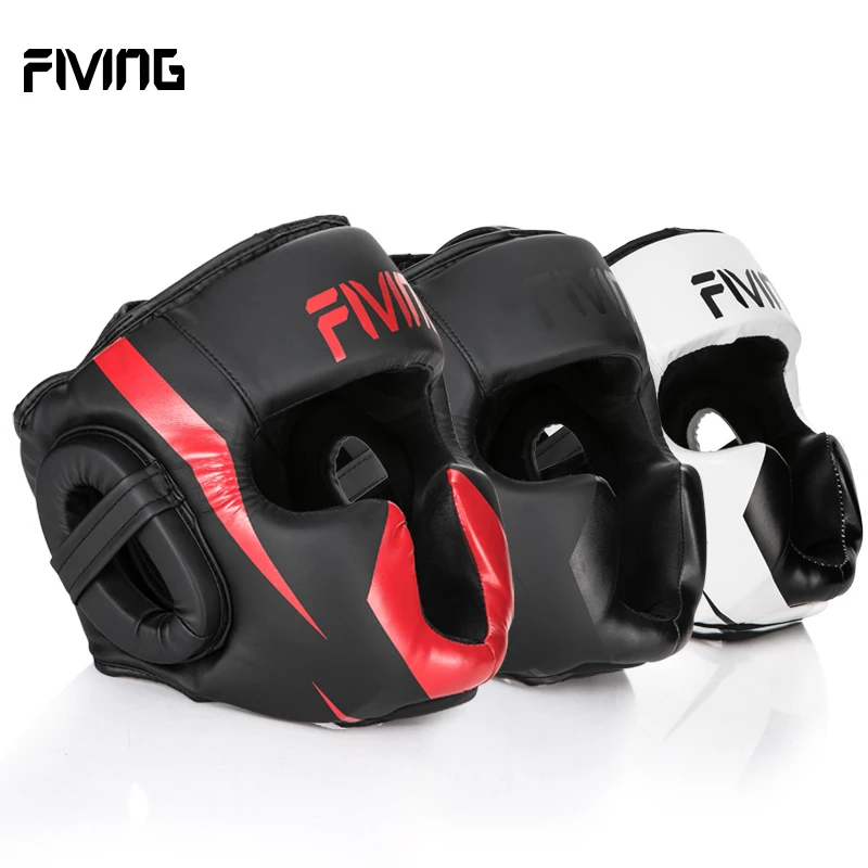 FIVING Full-Covered Boxing Helmet Muay Thai PU Leather Training ...