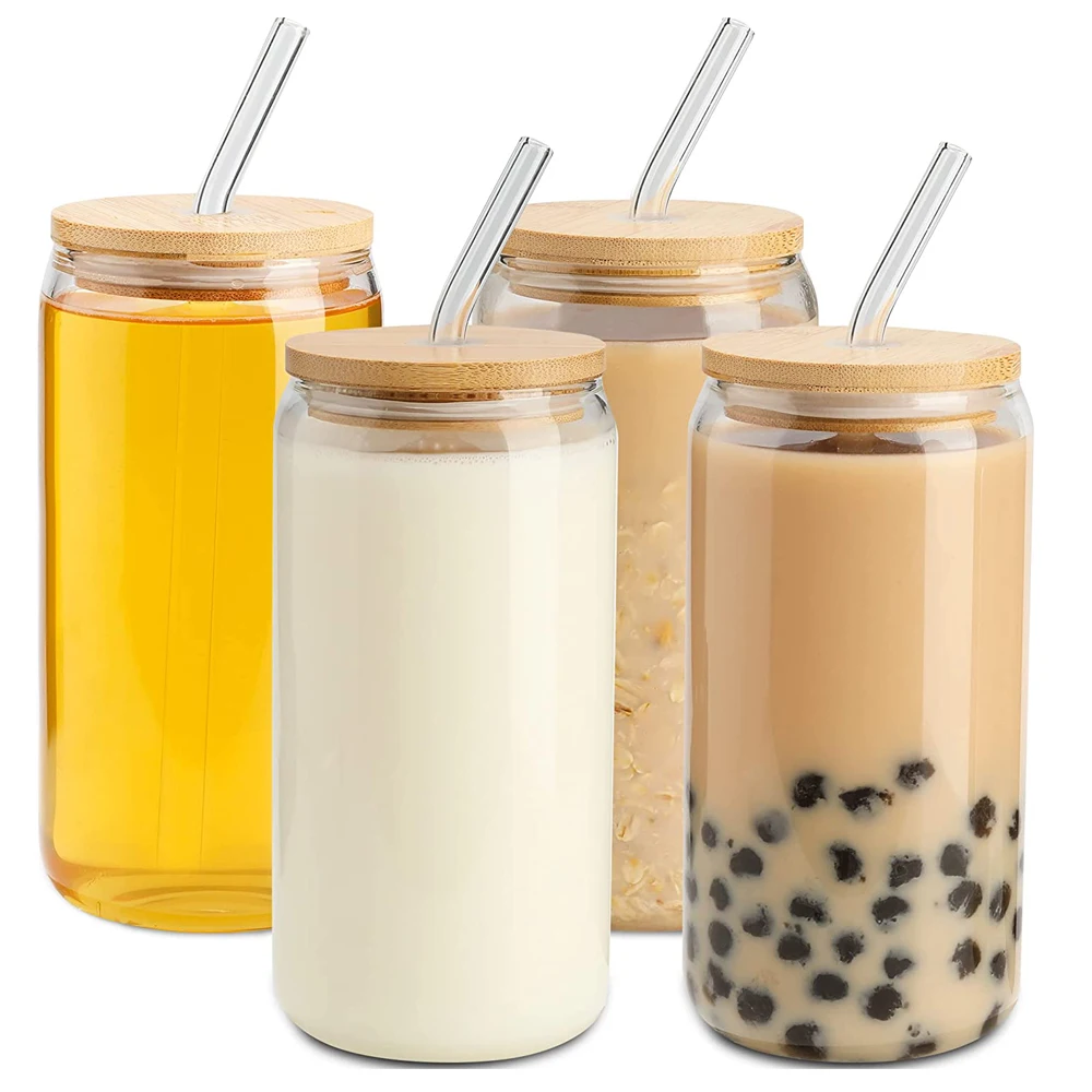 1-2-4-6pcs-Glass-Cup-With-Lid-Straw-500ml-Transparent-Bubble-Tea-Cup ...