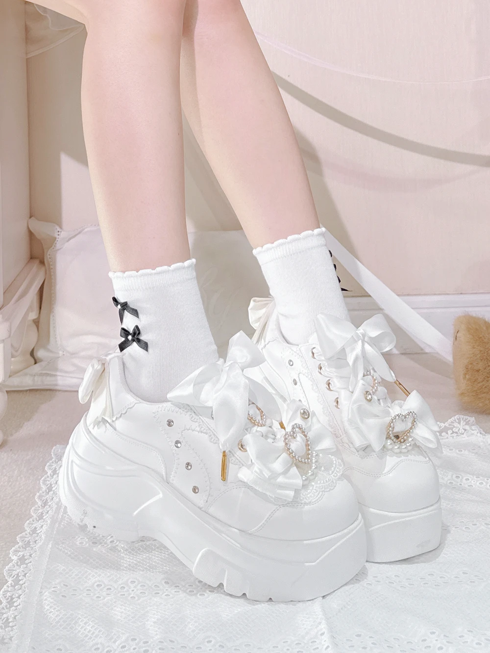 Japanese Original Lolita Bow Rhinestone Pearl Deep Mouth Platform Shoes ...