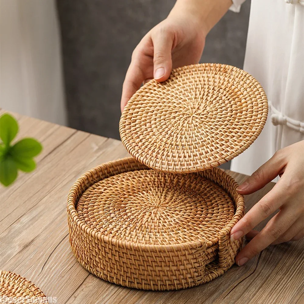 Retro-Rattan-Coaster-Table-Natural-Woven-Rattan-Cup-Coaster-Drink-Mug ...