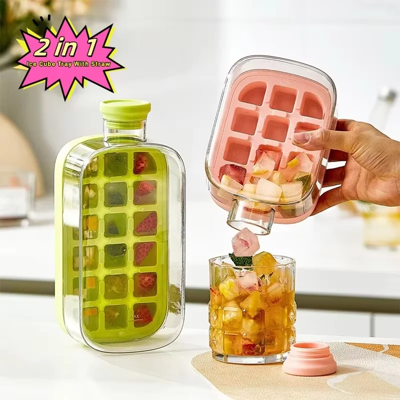 Summer Ice Cube Tray With Straw 2 in 1 Ice Tray And Water Bottle For ...