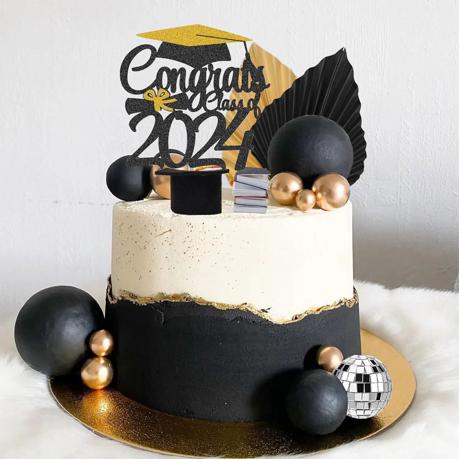 Absolvent-Cake-Topper-Spiegel-schwarz-gold-wei-Ball-Cake-Topper-B-cher ...