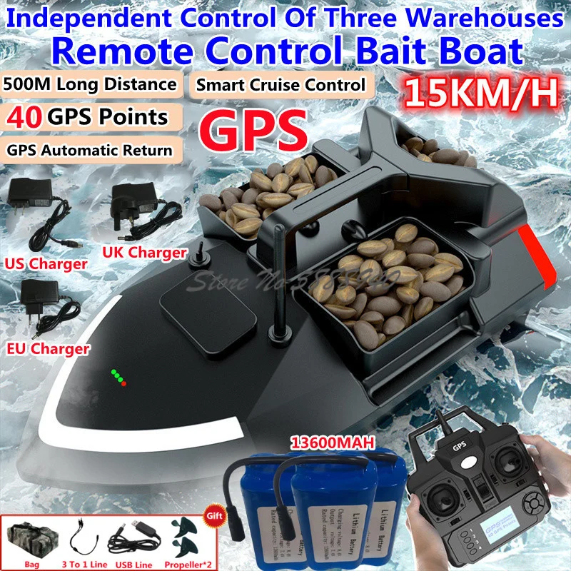 40Point-GPS-Auto-Return-Large-Remote-Control-Bait-Boat-500M-3-Hopper ...