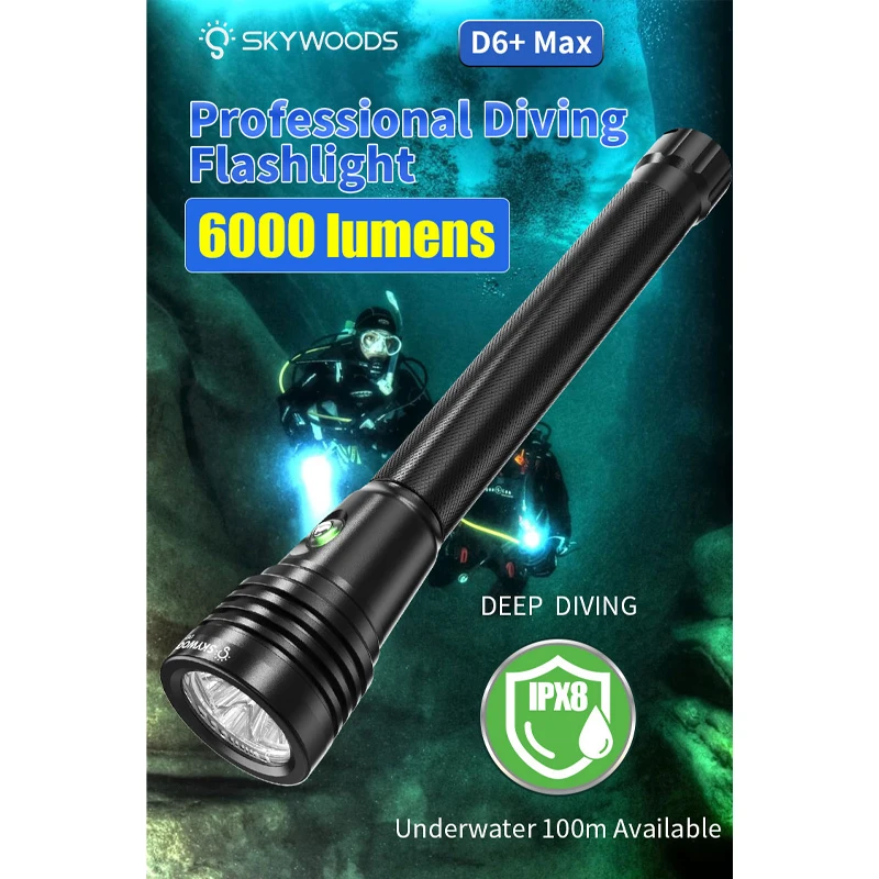 SKYWOODS D6+MAX Strong Light Diving Flashlight 6000 Lumen Night Diving ...