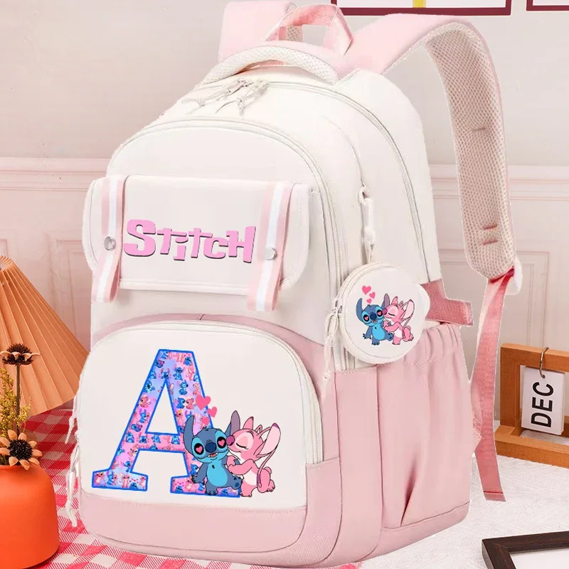 Stitch Angel Backpack Girls Disney Anime Letter A-Z Schoolbags Student ...