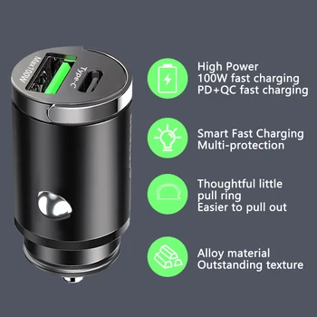 100W USB Car Charger Mini Fast Charging Dual Ports Phone Charger Type C ...