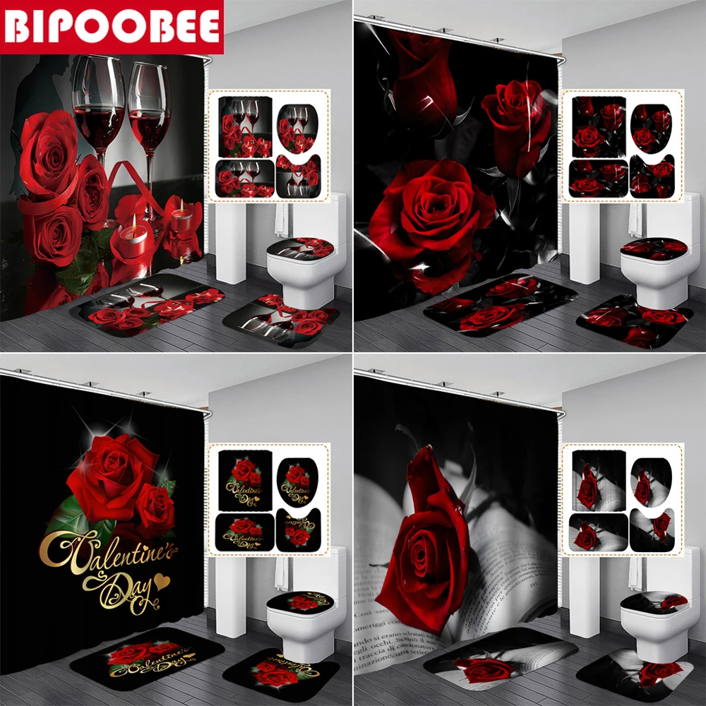 Red-Rose-Black-Bathroom-Curtain-Set-Valentine-s-Day-Shower-Curtains ...