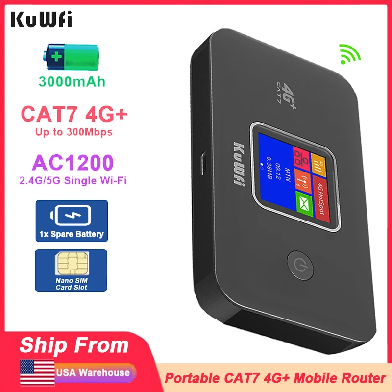 Módem KuWFi CAT7 4G+ 1200Mbps 2.4G/5G WiFi Portátil, Router 4G LTE con ...