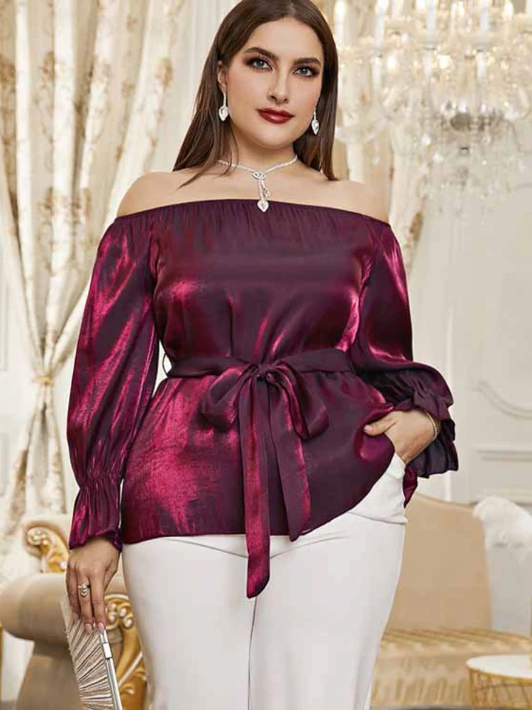 Plus Size Tops Off Shoulder Long Flare Sleeve Loose Casual Elegant ...