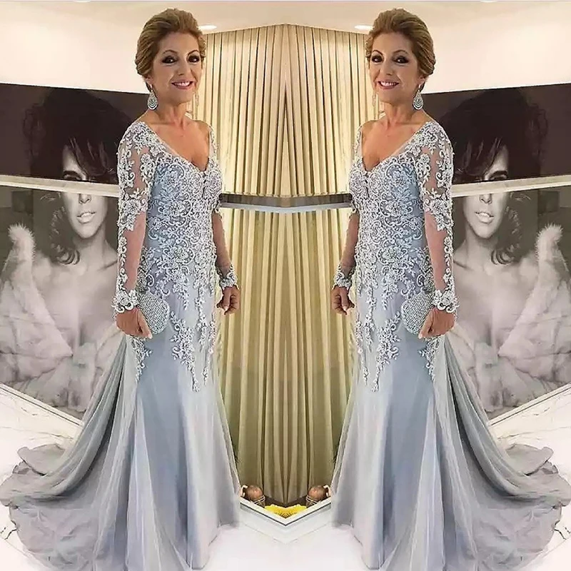 Customized Elegant Mother Of The Bride Dresses Long Sleeves V-Neck ...