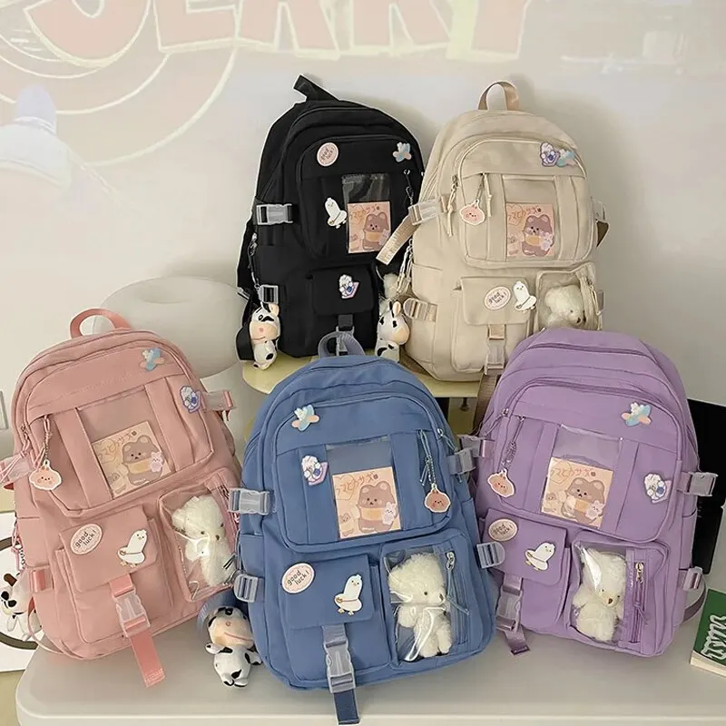 Mochila Kawaii Coreana Negro Rosa con Pines y Peluche para Mujer Niñas ...