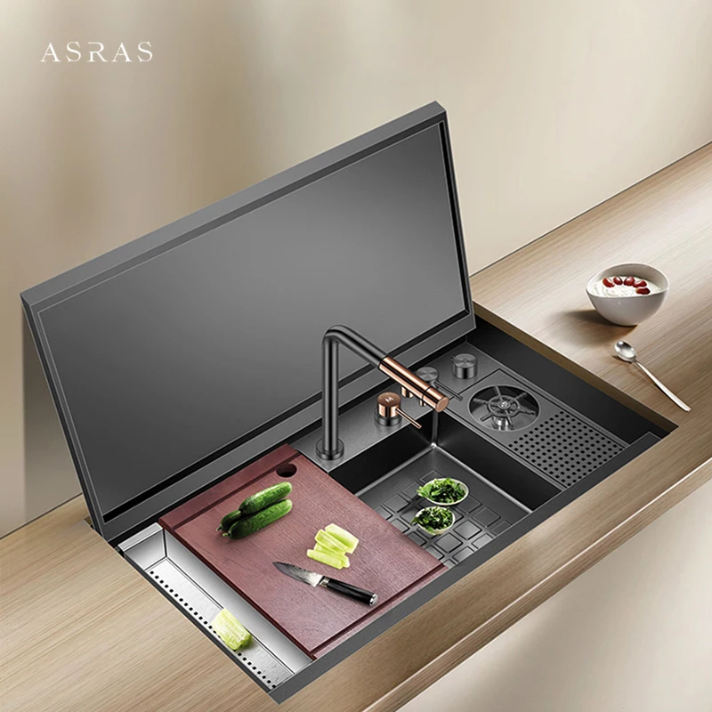 Asras Nanometer Black Flip Cover Hidden Kitchen Sink 304 Stainless ...