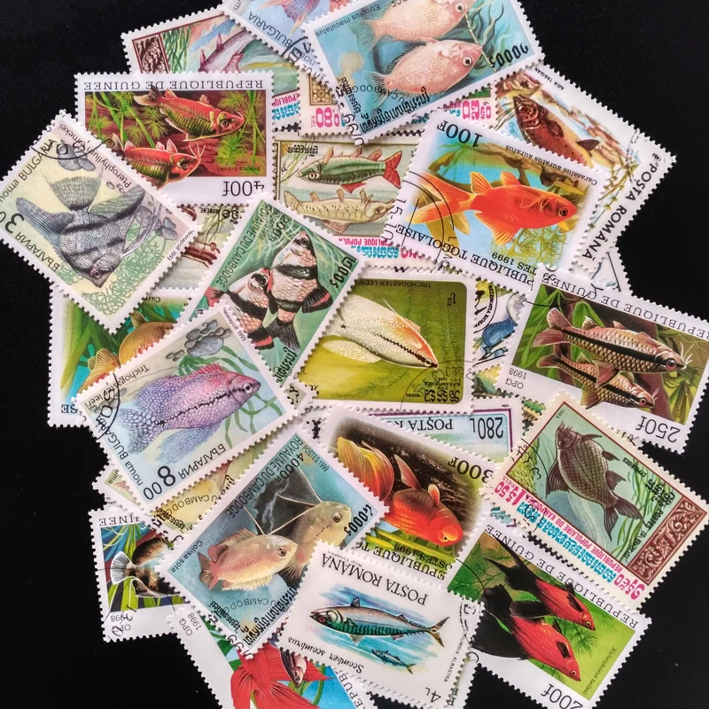 Lots-200-250-Pcs-Fish-Topic-Stamps-World-Original-Postage-Stamp-with ...