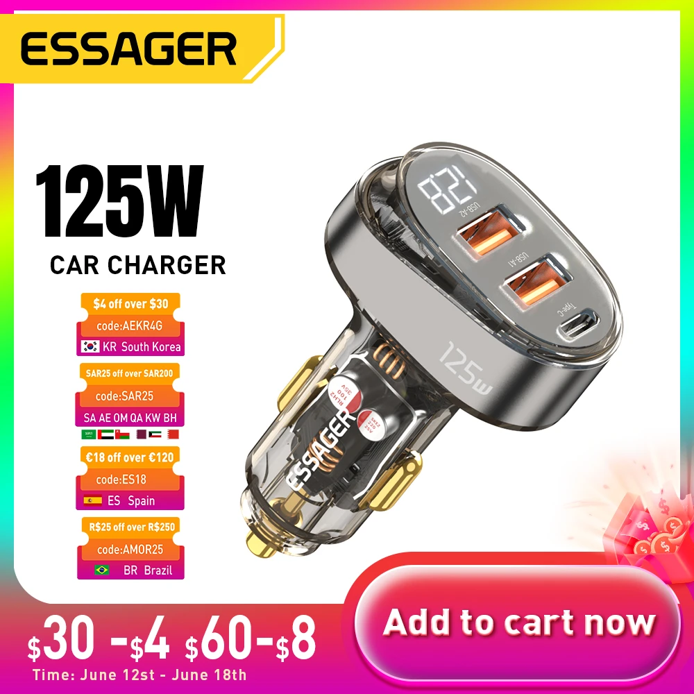 Essager 125W Digital Display Fast Car Charger For iPhone iPad MacBook ...