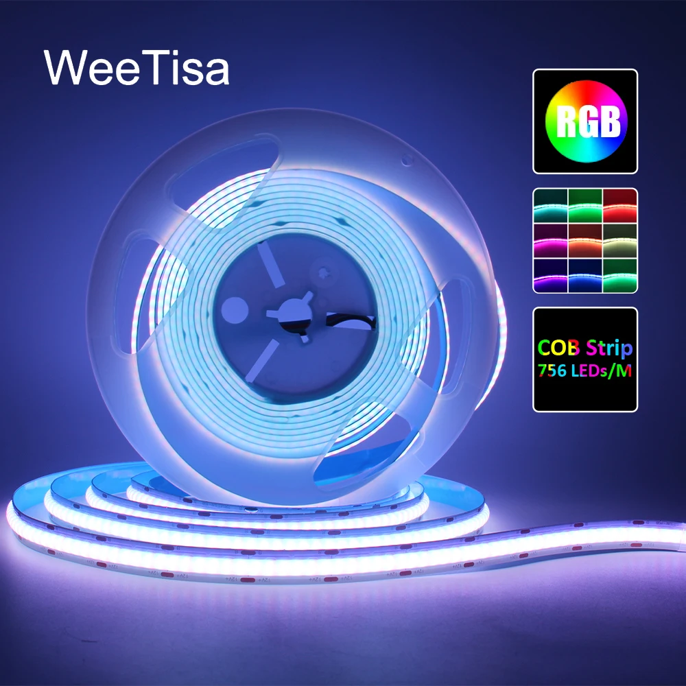 RGB COB LED Strip 12V High Density 756 LEDs Flexible Tape Ribbon Lights ...