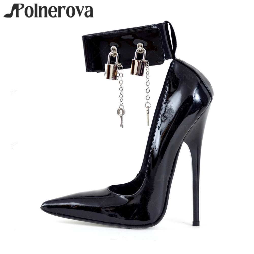 Metal Key Lock Sexy Pumps Ankle Belt Buckle Stiletto Shoes Pointed Toe ...