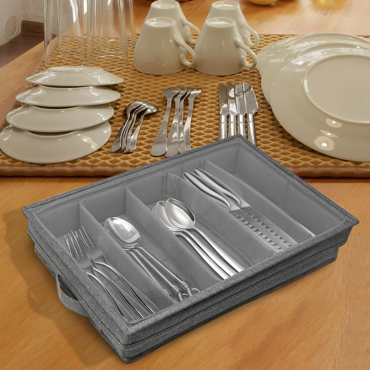 Flatware-Storage-Case-with-PVC-Lid-5-Compartment-Foldable-Utensil ...