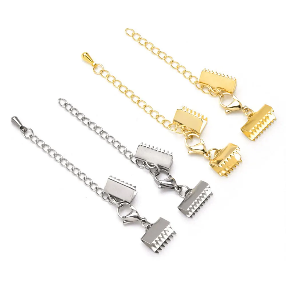 10Set-Stainless-Steel-Cord-End-Fastener-Clasps-With-Chains-Lobster ...
