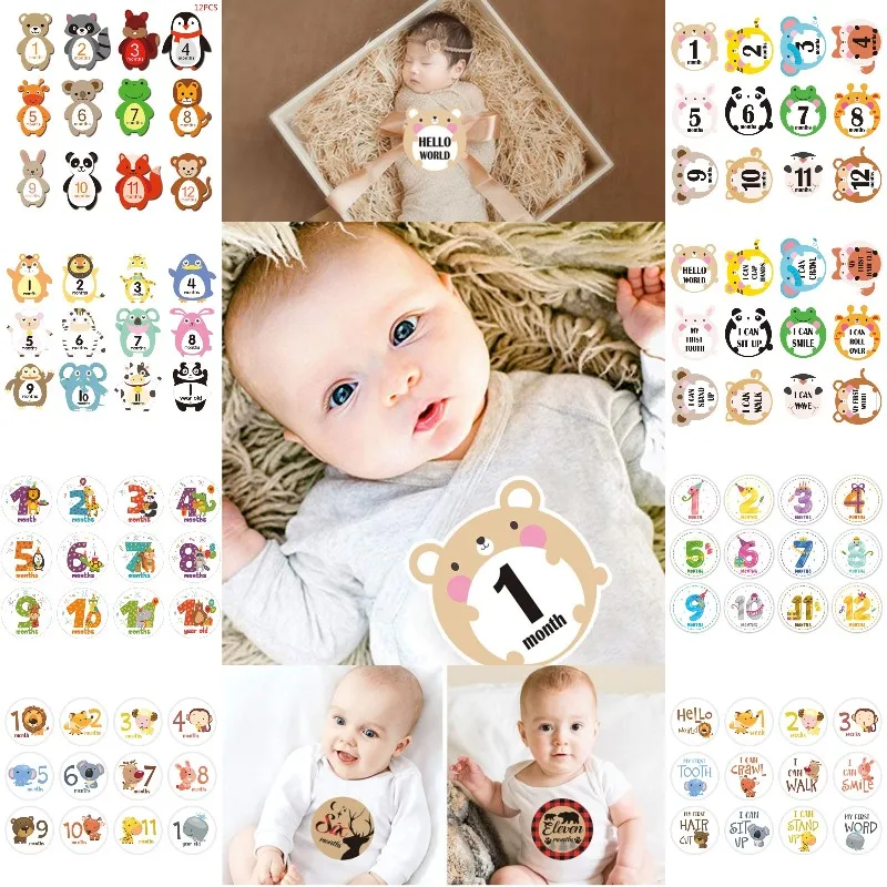 12Pcs-Animal-Month-Sticker-Baby-Photography-Commemorative-Card-Number ...