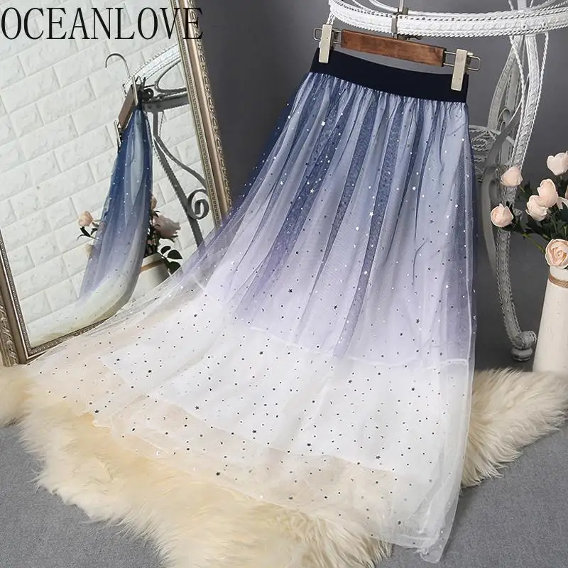 OCEANLOVE Spring Summer Mesh Women Skirts A-line Sequins Sweet Long ...