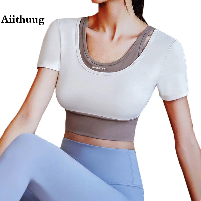 Aiithuug Splicing Fake Two Pieces Short Sleeve Yoga Crop Tops Padded ...
