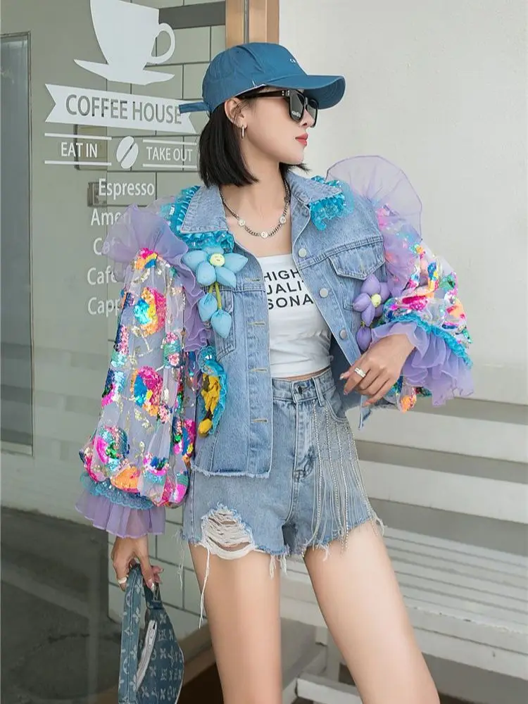 Fashion Spring And Summer Mesh Lantern Sleeve Patchwork Personality ...