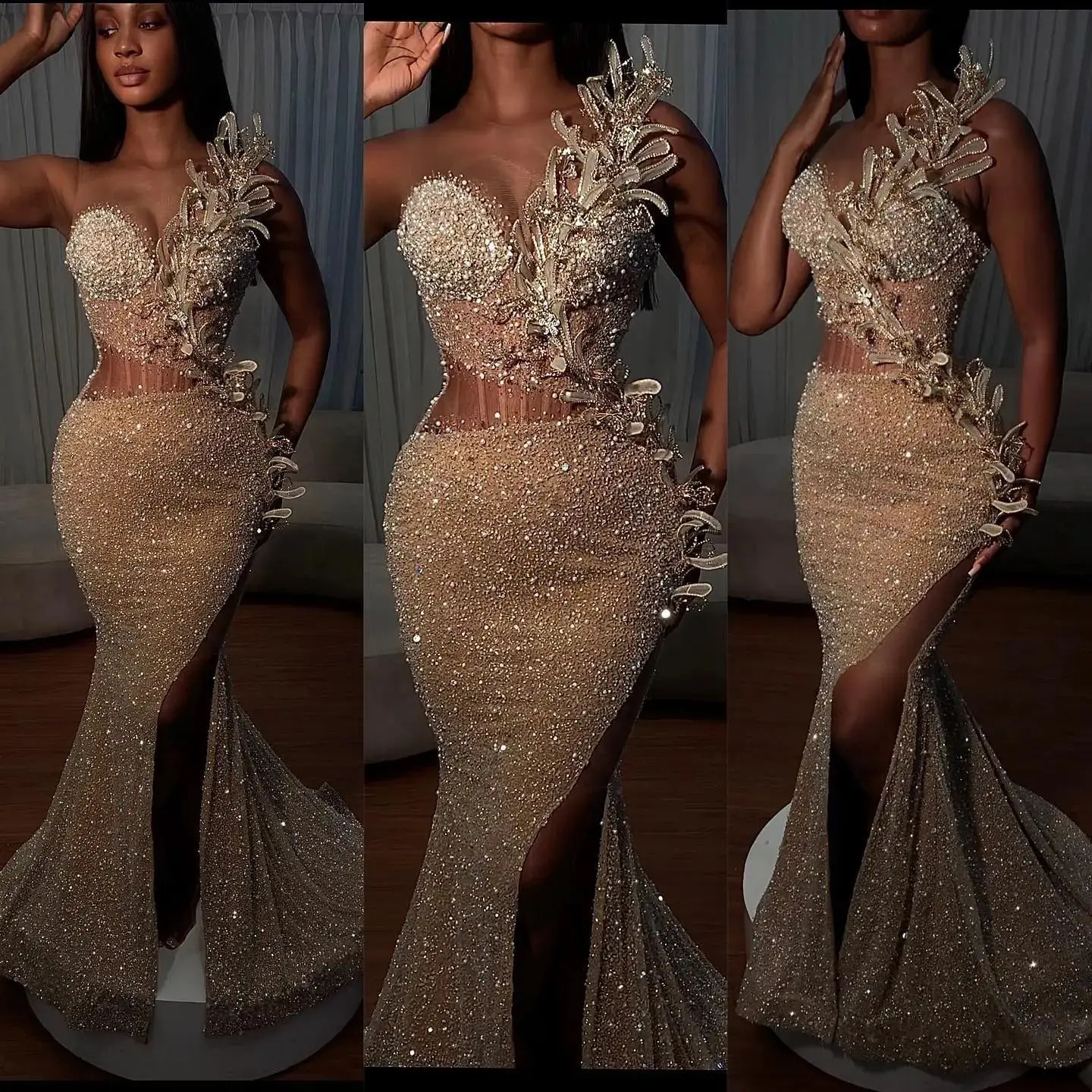 Sparkly Beaded Floral Mermaid Prom Dress Dubai Arabic Formal Party Dresses Sexy High Slit Sequin ...