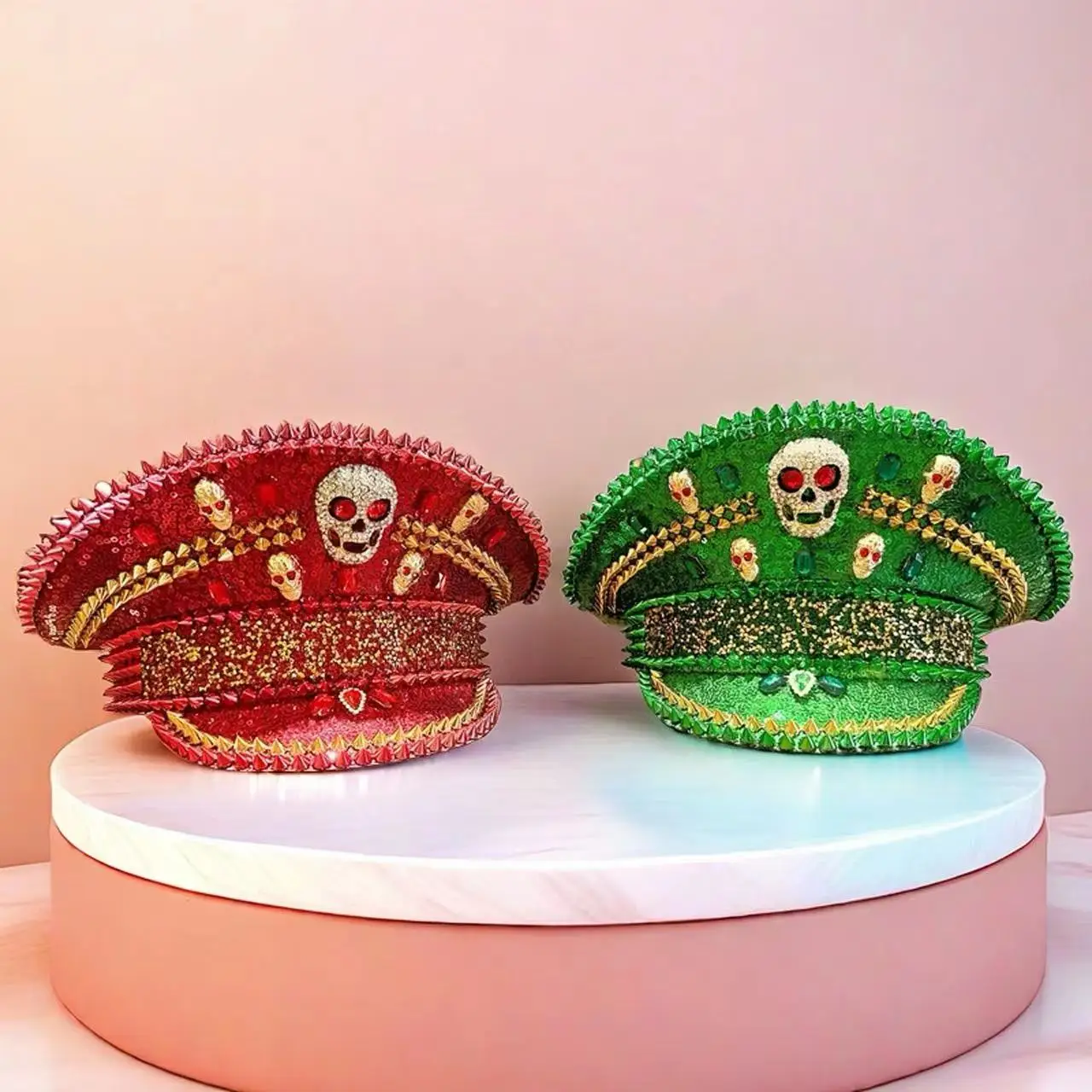 Halloween-Steampunk-Captain-Hat-Red-Green-Army-Cap-Rhinestone-Rivet ...