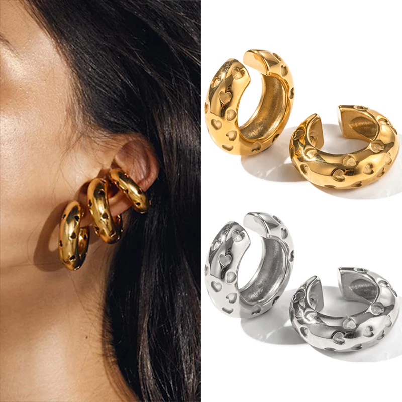 Creative Heart Design Round Chunky Clip Earrings for Women Gold Plated ...