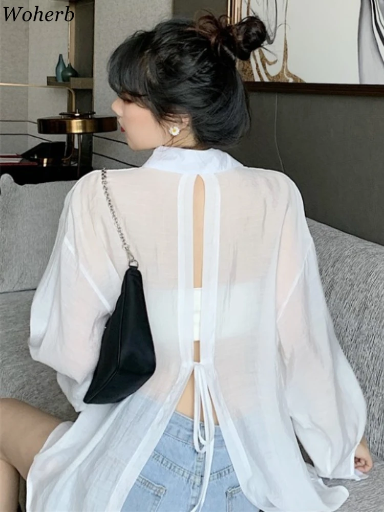 Woherb Translucent Shirts Women Simple Oversize Summer Sun proof Blouse ...