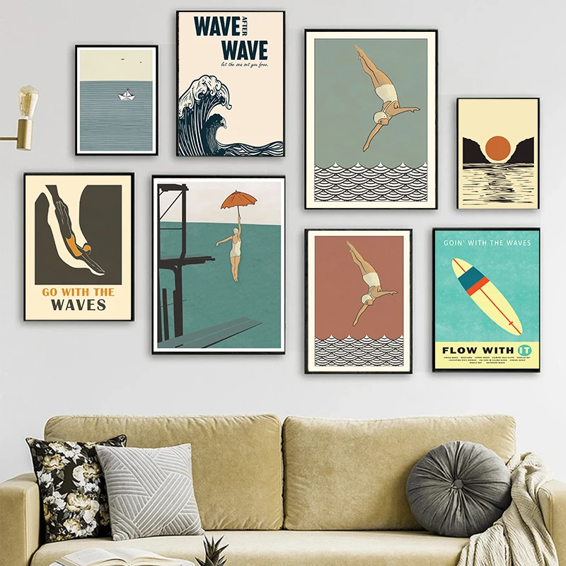 Vintage-Maritime-Surfing-Beach-Poster-Abstract-Female-Diver-Canvas ...