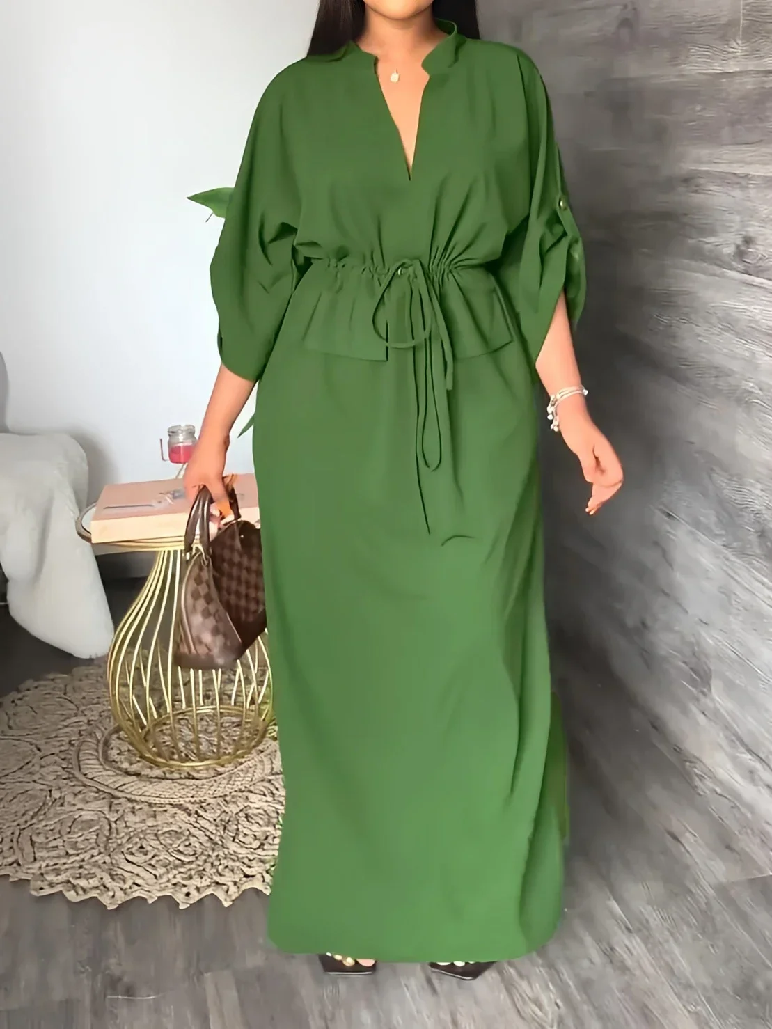Women-Dress-V-Neck-Summer-Spring-Long-Cargo-Dresses-Lace-Up-Tight-High ...