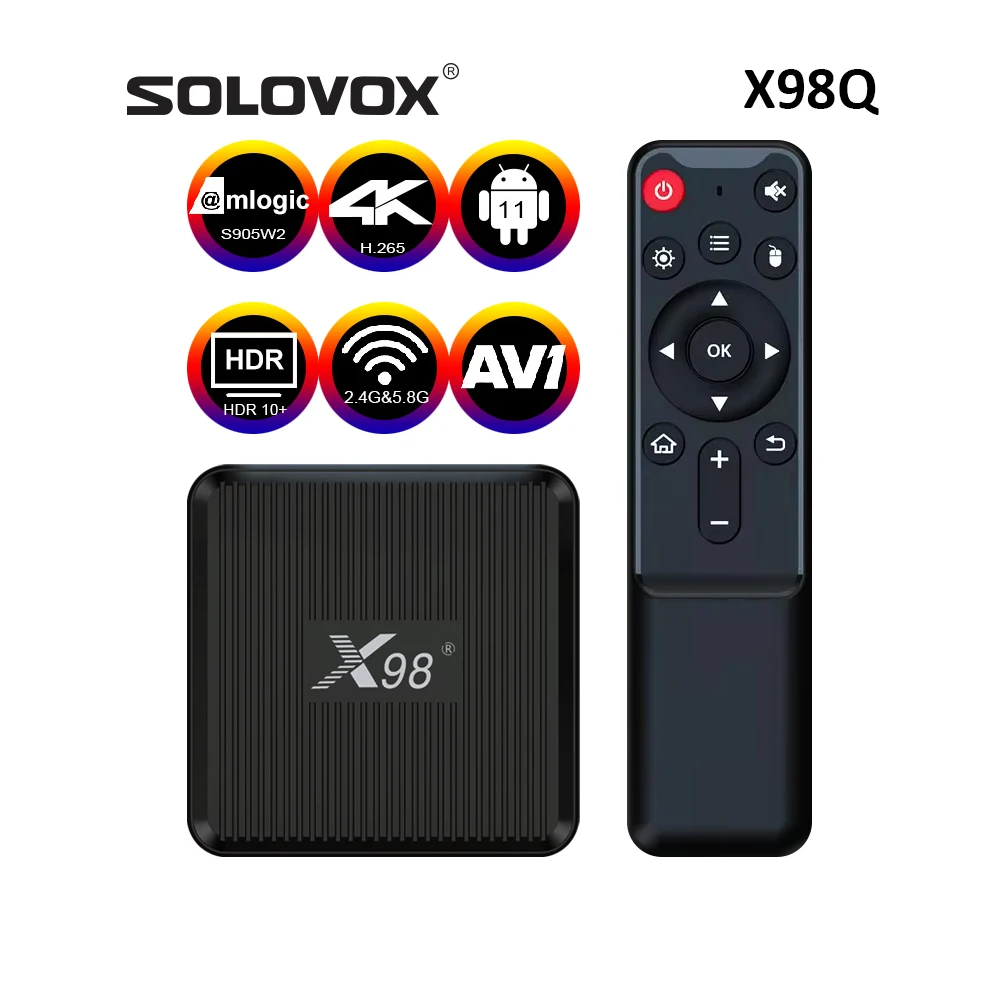 SOLOVOX Android 11 X98Q Smart TV Box S905W2 2G 16G WiFi 4K AV1 Receiver ...