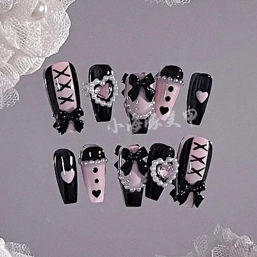 Sweet Cool Style Babes Lace Bow Nail Patch Handmade Fake Nails Stickers ...