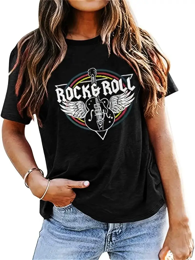 Rocks Rock Music Printing T-Shirt Women Daily Fashion Tee Shirt Cotton ...