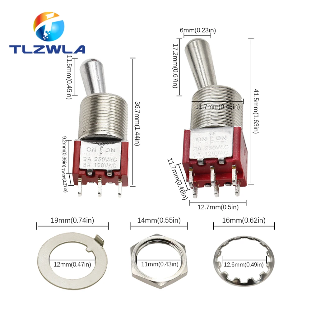 Mini Toggle Switch SH T80-T – 12mm Panel Mount, 5A 125VAC, Long Handle ...