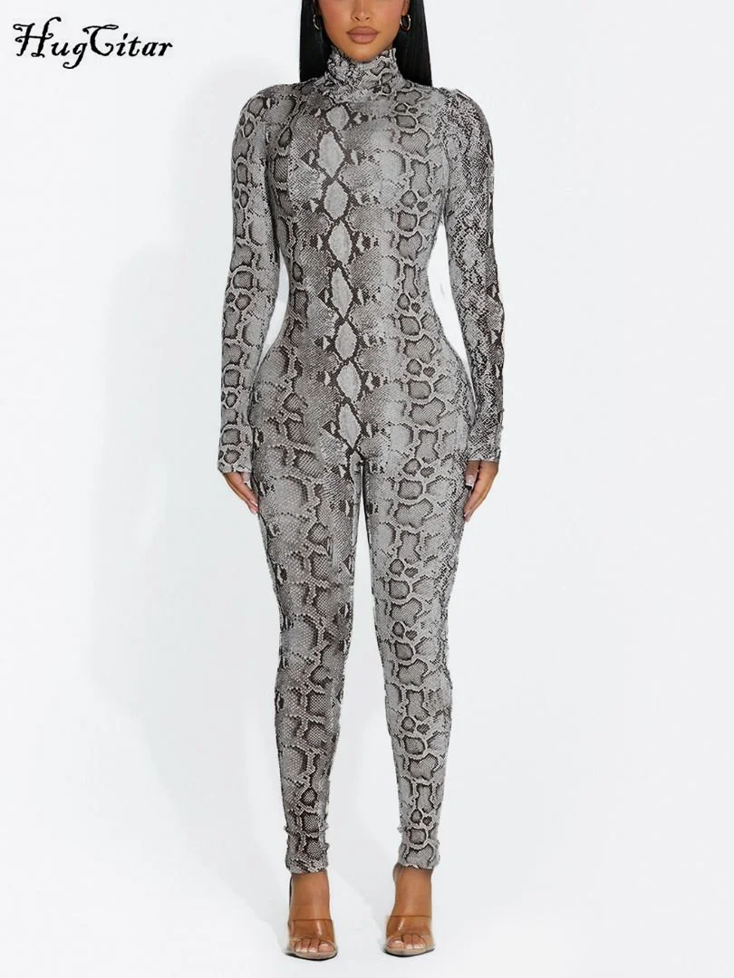Jumpsuit Women Snake Print | Long Sleeve Zip Jumpsuit | Body Jumpsuit ...