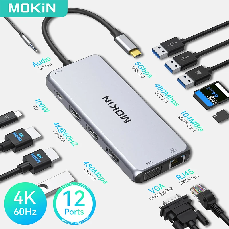 MOKiN-estación de acoplamiento para ordenador portátil, adaptador multipuerto, 12 en 1, USB-C ...