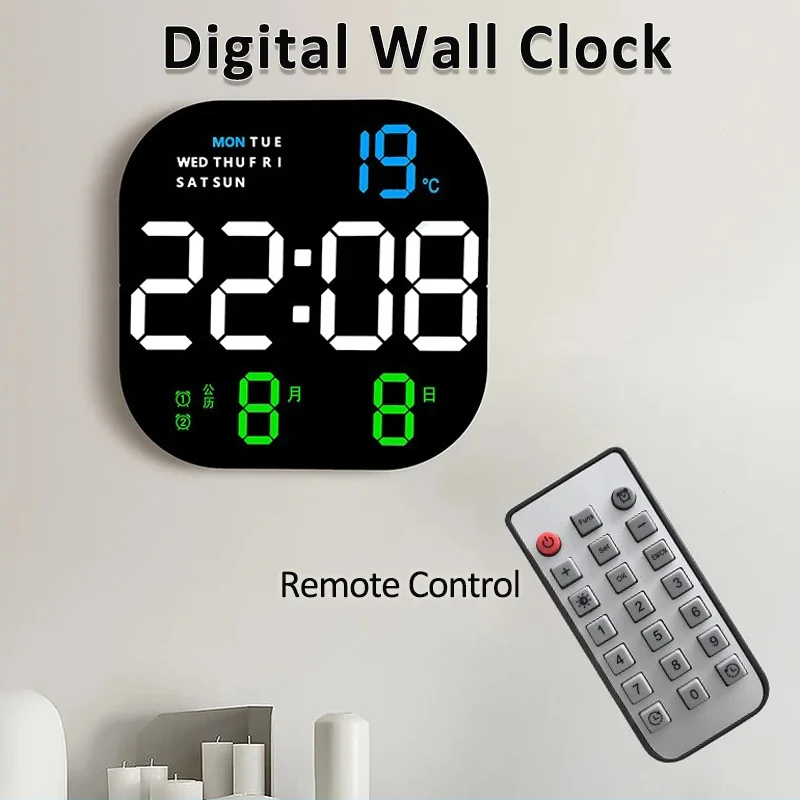 Digital-Wall-Clock-Remote-Control-Temperature-Date-Week-Display-Memory ...