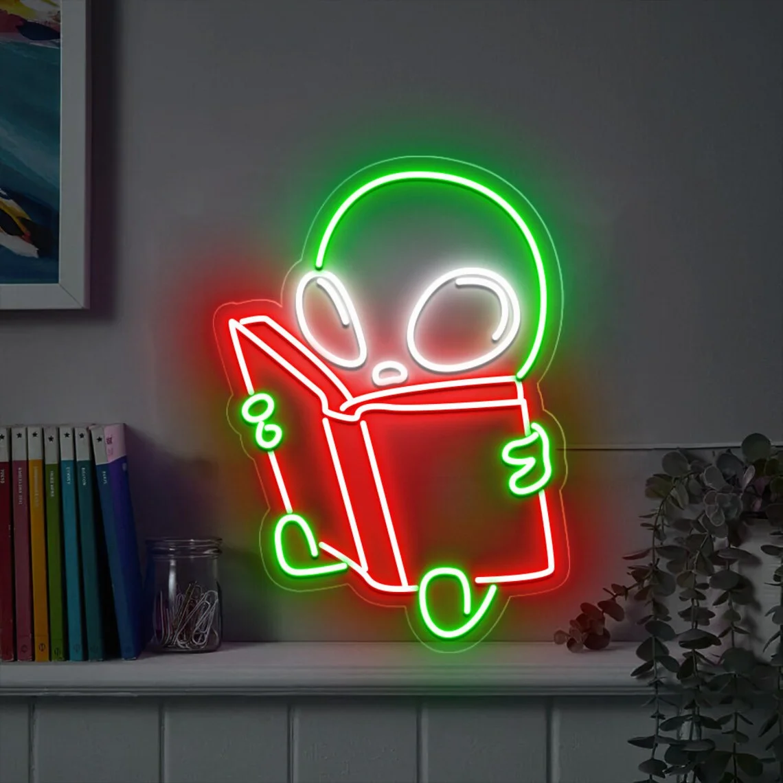 The Alien Reading Neon Sign,Gamer Neon Sign,Book Room Decor Coffee Book ...
