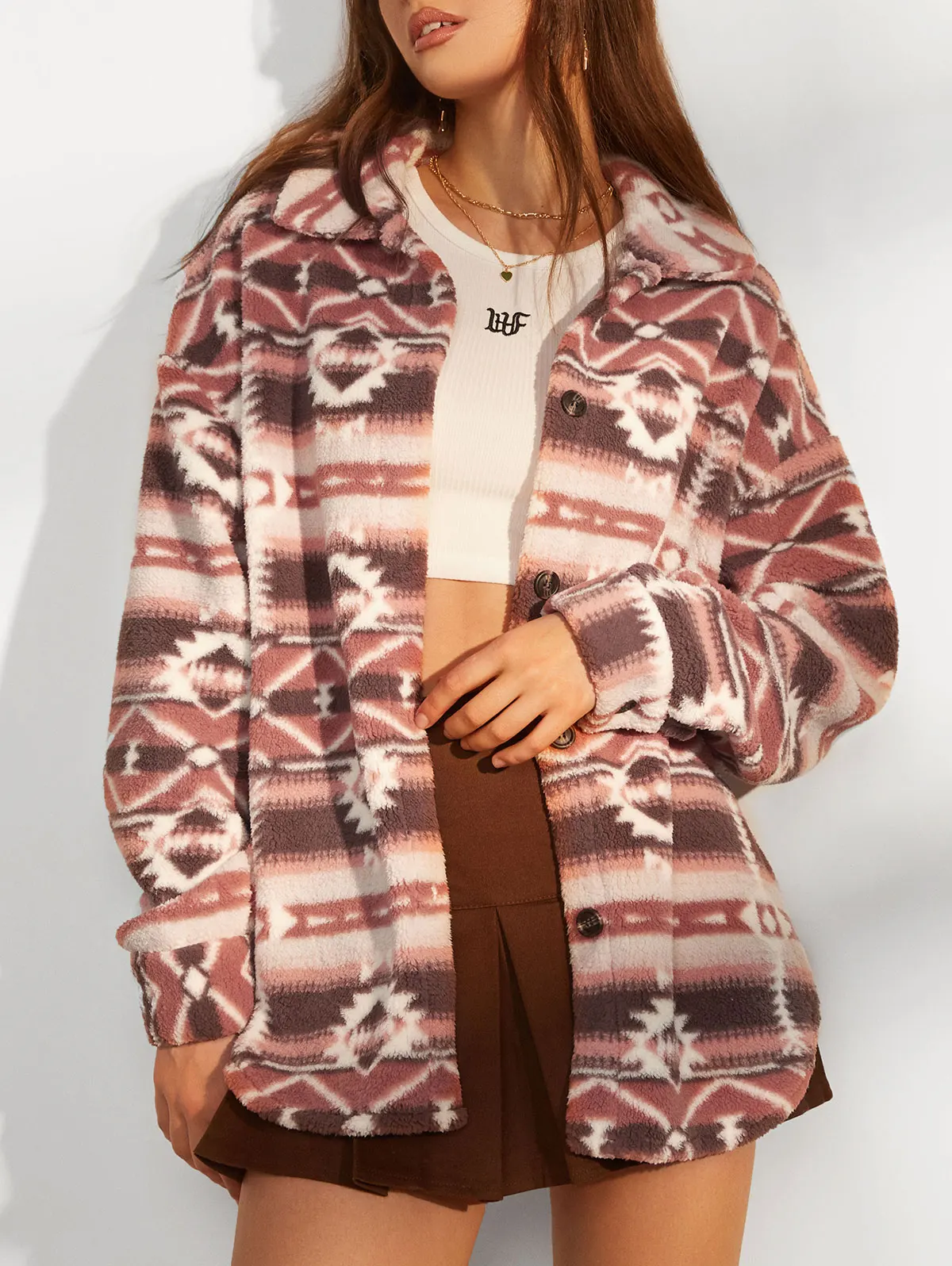 Zaful Faux Fur Ethnic Aztec Printed Drop Shoulder Coat Women Button Up ...