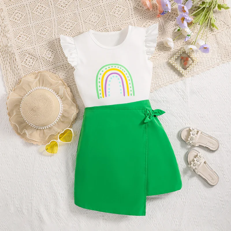 Kids Sets 8-12 Years Old Summer Girls White Rainbow Print Top + Green ...